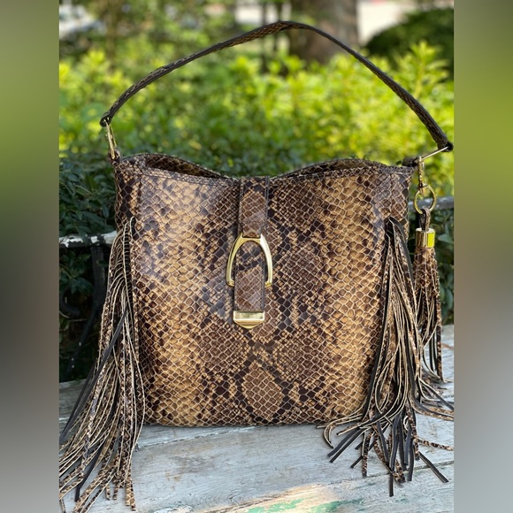 G.I.L.I. | Bags | Gili Leather Python Fringe Large Shoulder Bag New ...